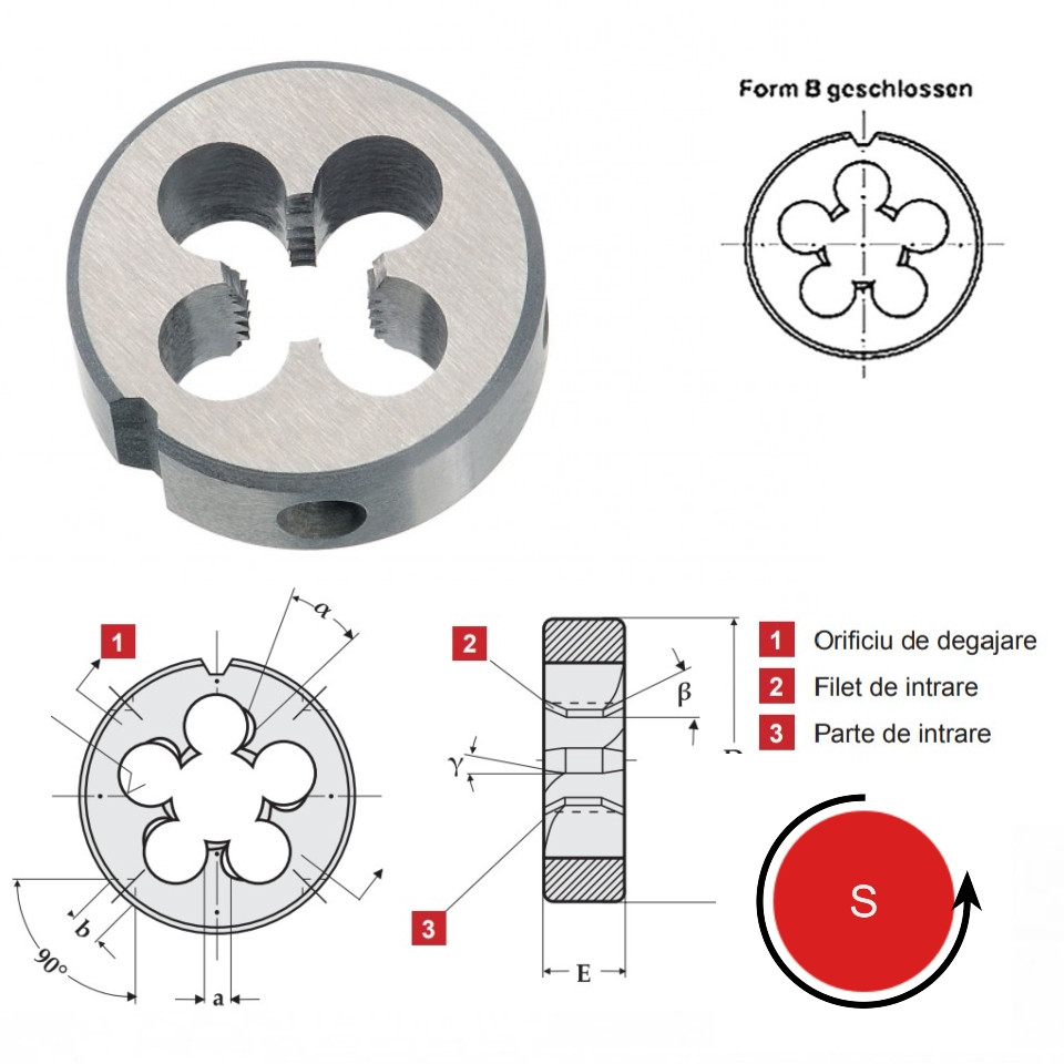 Filiera forma B, filet metric fin ISO DIN 13, DIN 223, HSS, filet pe stanga