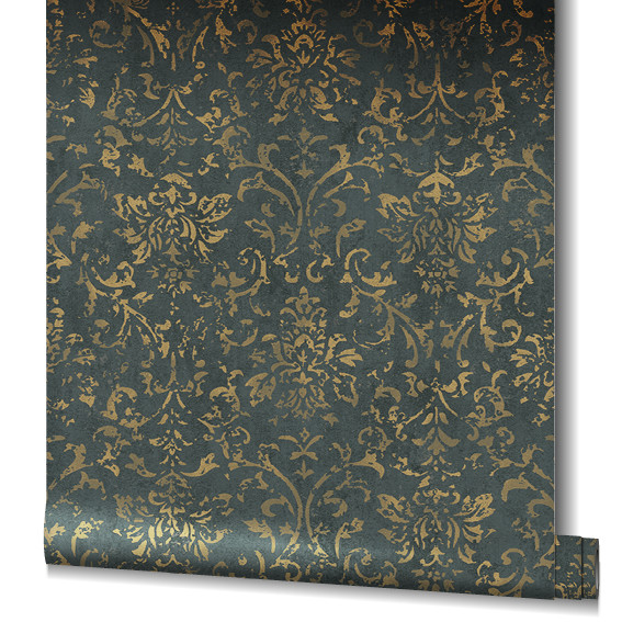 Tapet decorativ model damasc cu efect lucios auriu negru City Glow