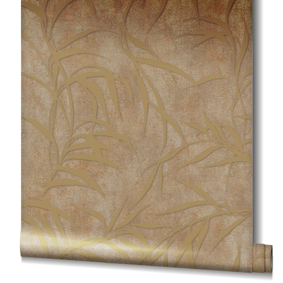 Tapet model frunze cu luciu fin auriu maro City Glow