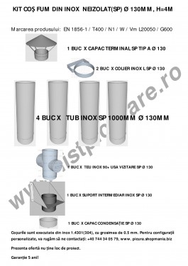 Kit cos fum din inox Ø 130mm, H= 4m, neizolat