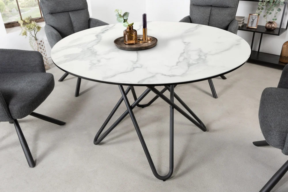 Extravagante eettafel ELLIPSE 120cm wit keramiek marmerlook ronde ...