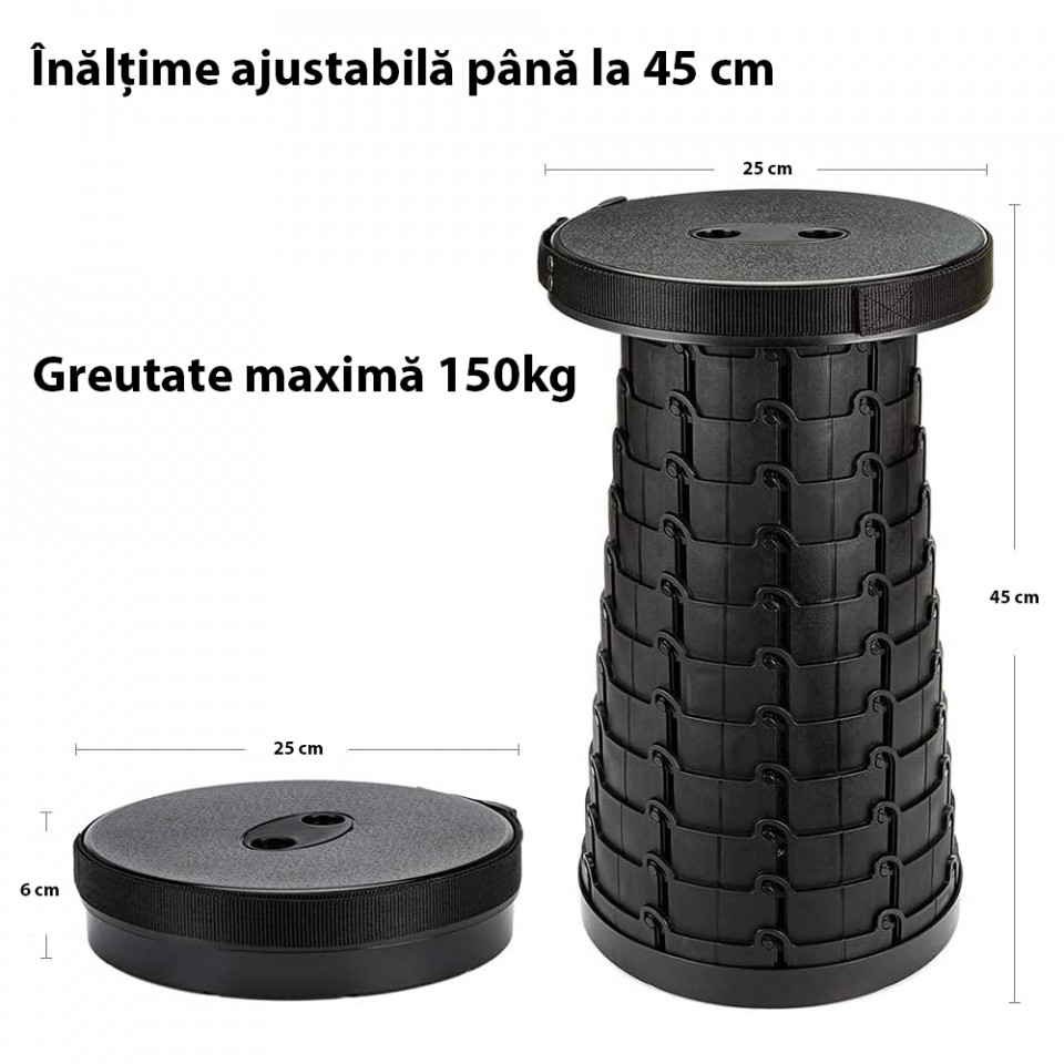 Scaun rotund retractabil, awwaline®, negru, extensibil, pliabil ...
