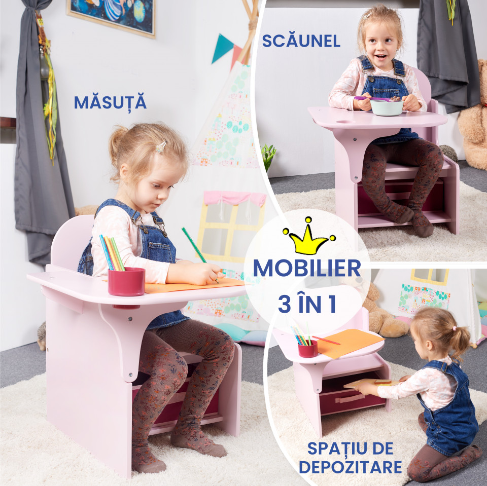 Set masuta cu scaun pentru copii 3 in 1 din lemn mdf, varsta 3-6 ani ...