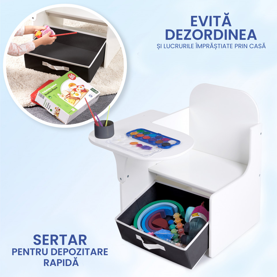 Masuta cu scaun copii 3 In 1 din lemn mdf, Varsta 3-6 ani, Alb si Gri ...