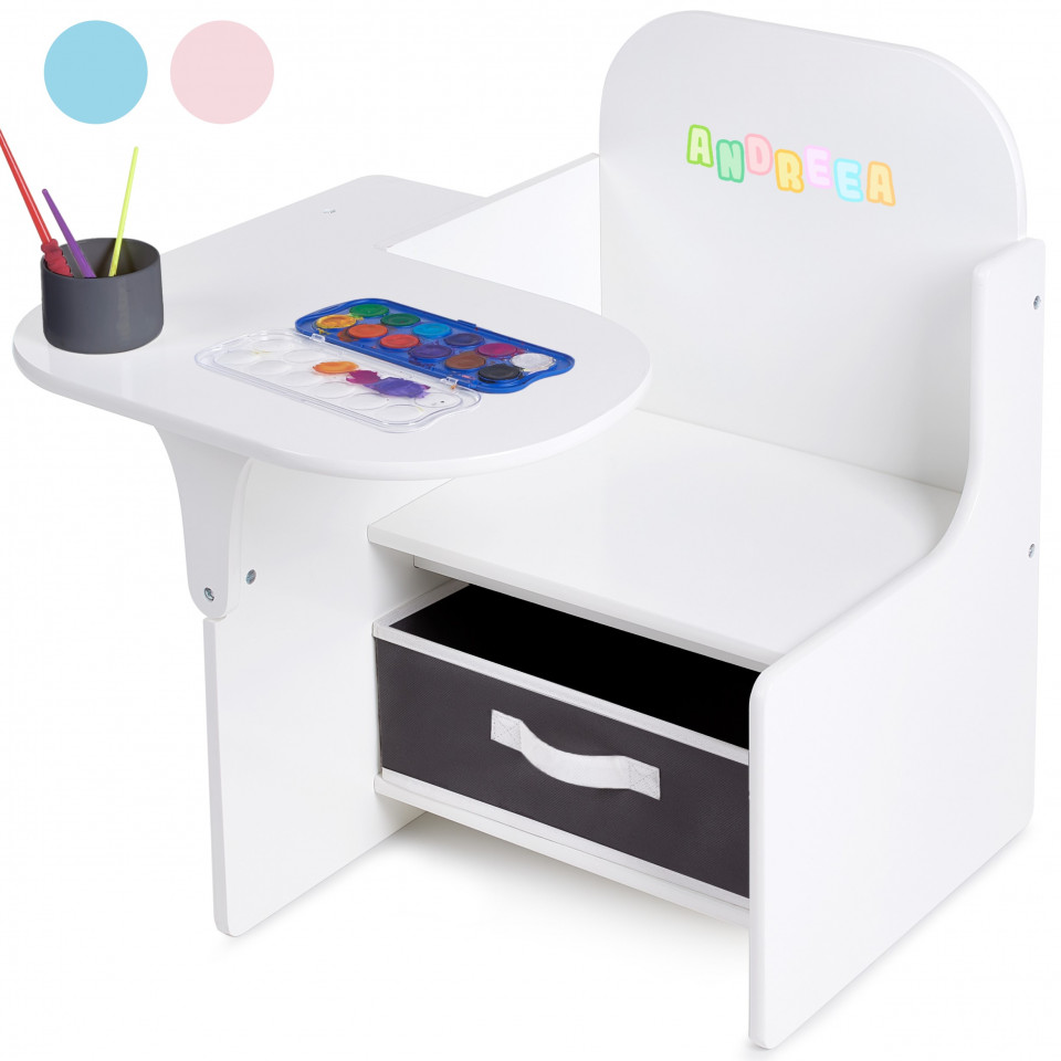 Masuta cu scaun copii 3 In 1 din lemn mdf, Varsta 3-6 ani, Alb si Gri ...