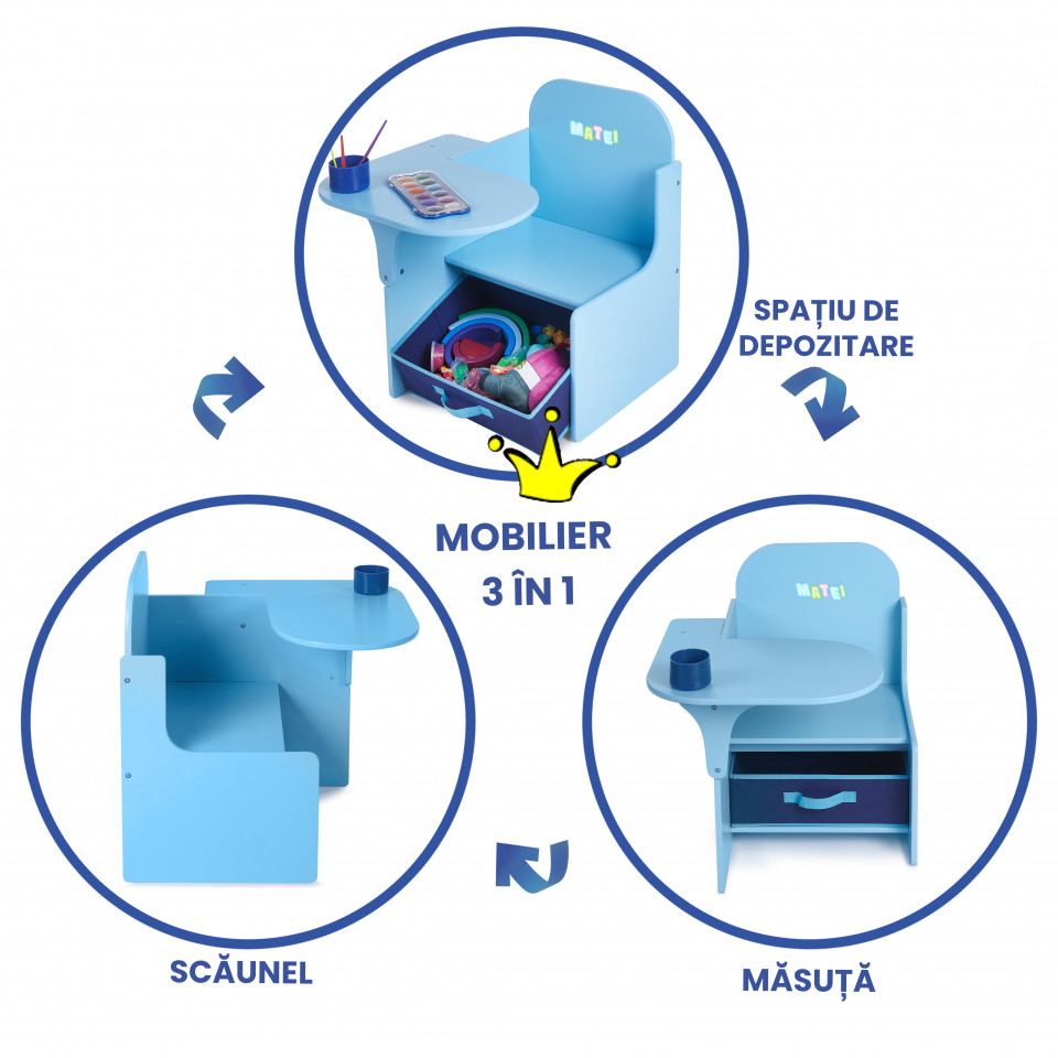 Set masuta cu scaun pentru copii 3 in 1 din lemn mdf, Varsta 3-6 ani ...