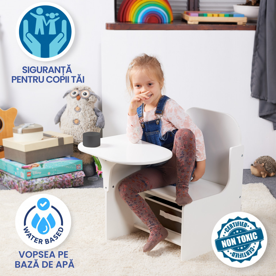 Masuta cu scaun copii 3 In 1 din lemn mdf, Varsta 3-6 ani, Alb si Gri ...