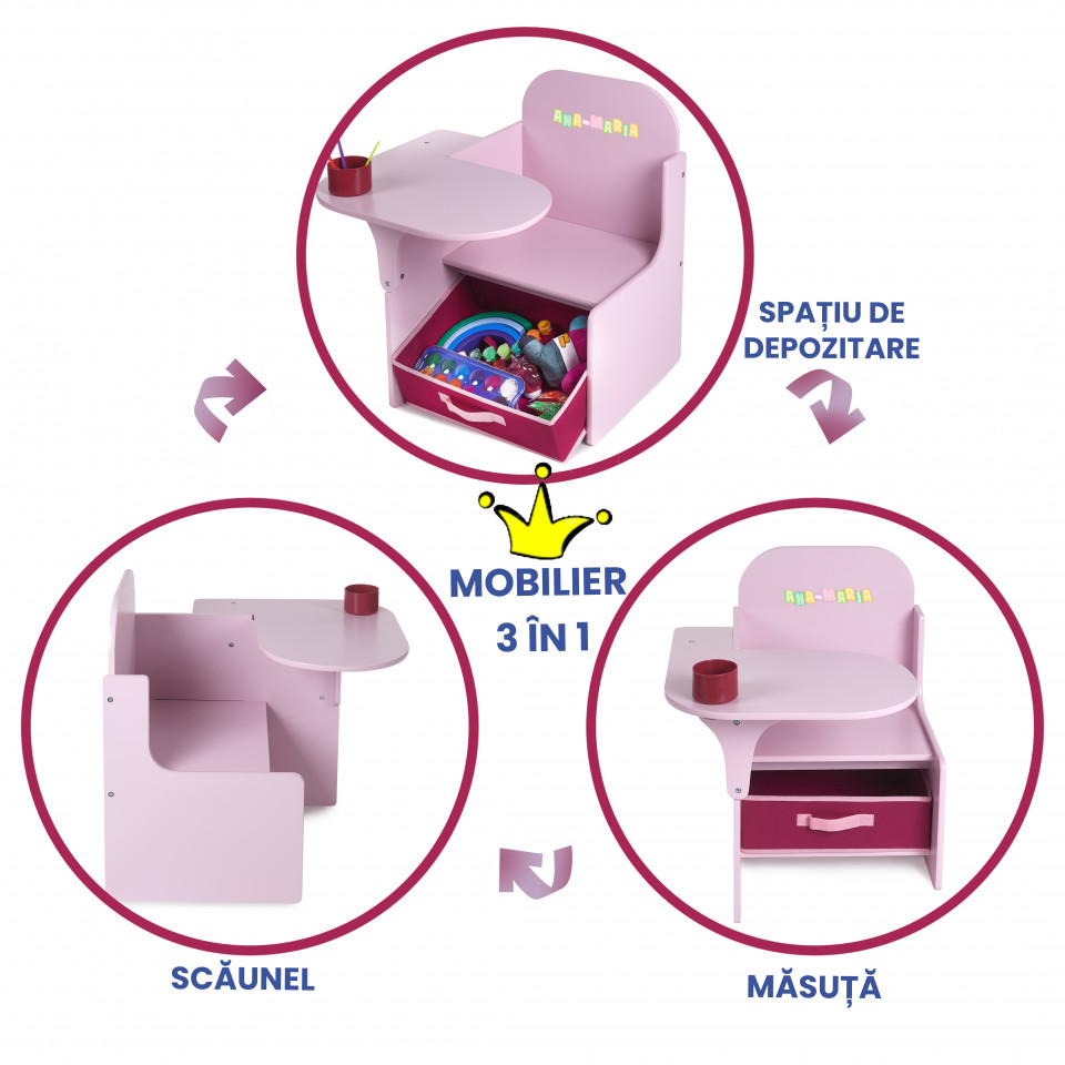 Set masuta cu scaun pentru copii 3 in 1 din lemn mdf, varsta 3-6 ani ...