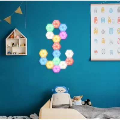 Set 3 lampi decorative de perete HEXAGON cu led color si telecomanda