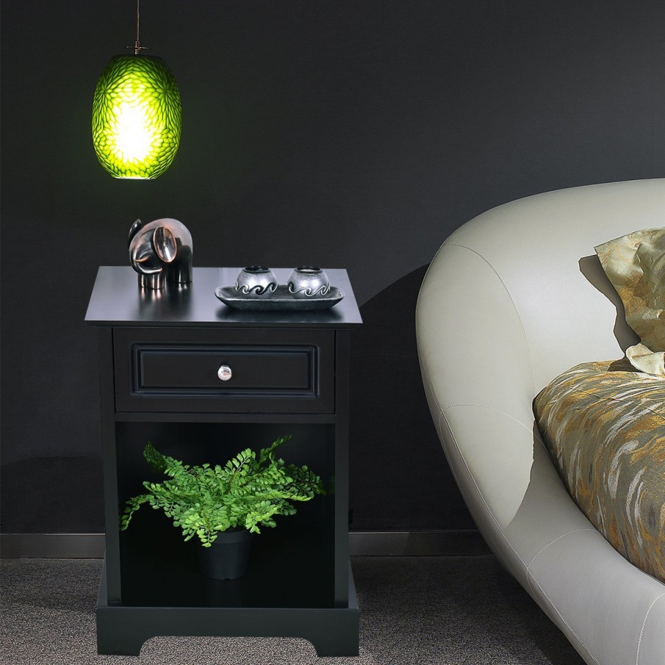 NON210 - Set 2 Noptiere negre cu 1 sertar si 1 raft pentru dormitor