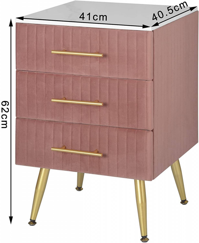 NOR201 - Set 2 Noptiere, 41 cm, cu 3 sertare pentru dormitor - Roz-Auriu