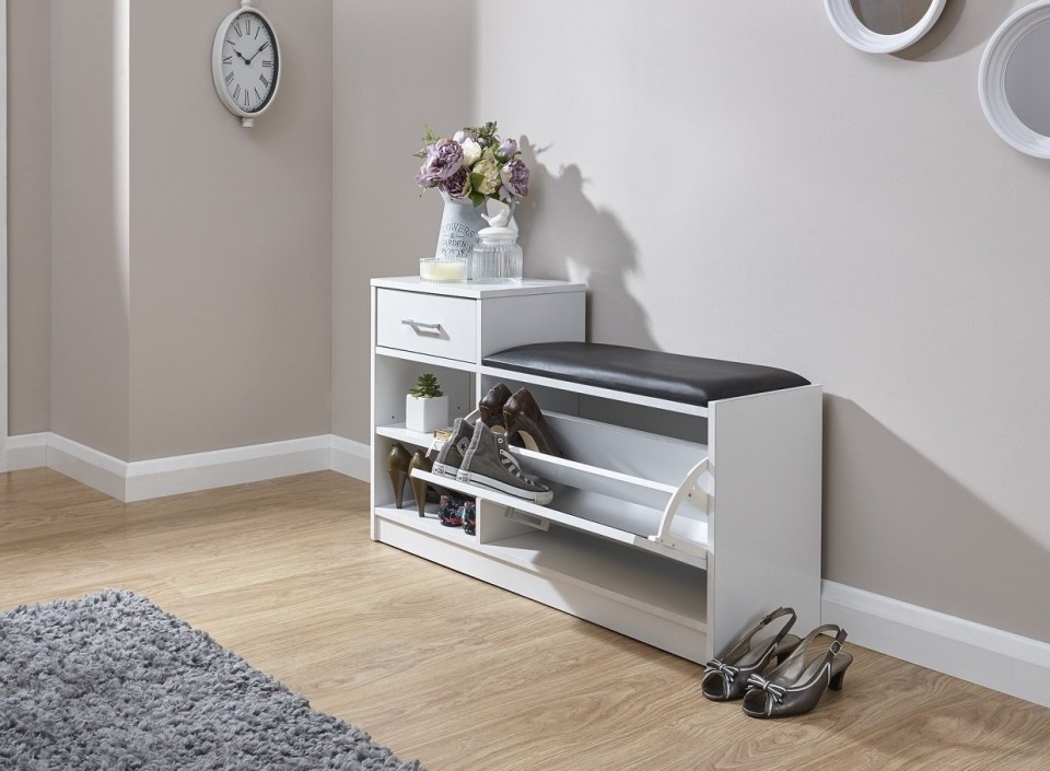 BAA111 - Bancheta, bancuta, banca, pantofar cu sertar hol - Alb