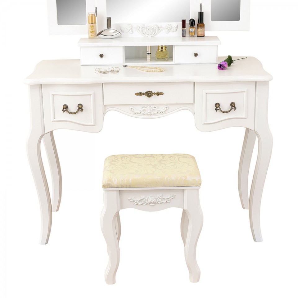 SEA205 - Set masa toaleta Alb oglinda tripla, scaun, cosmetica machiaj