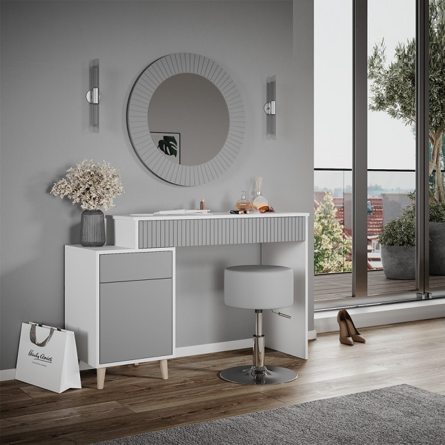 SEG209 - Set Masa alba toaleta 120 cm cosmetica machiaj, oglinda, masuta vanity, Alb-Gri