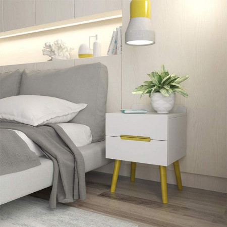 NOA26 - Noptiera cu 2 sertare, 40 cm, dormitor, living, hol - Alb-Auriu