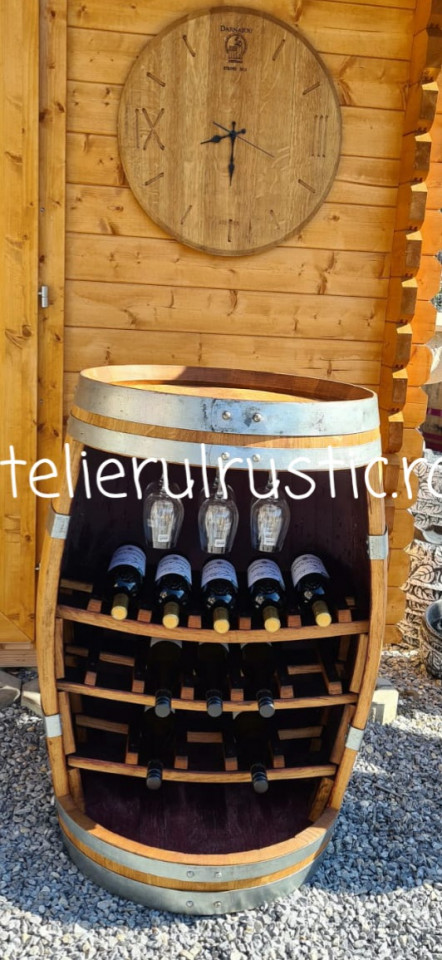 Bar din butoi cu 3 rafturi si suport pahare