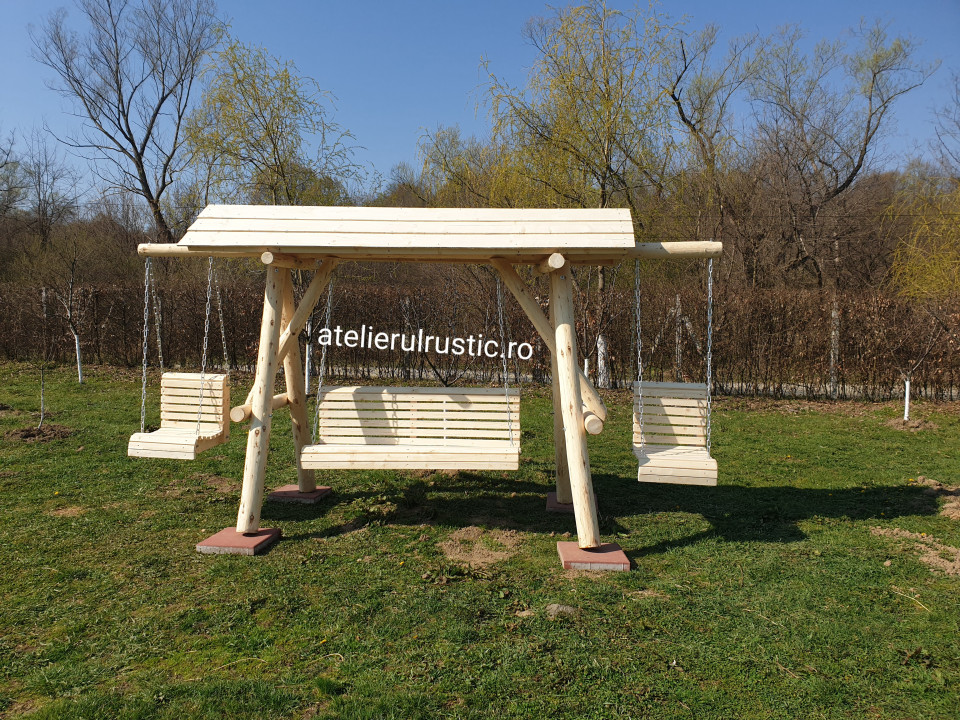 Balansoar din lemn masiv cu 2 leagăne copil