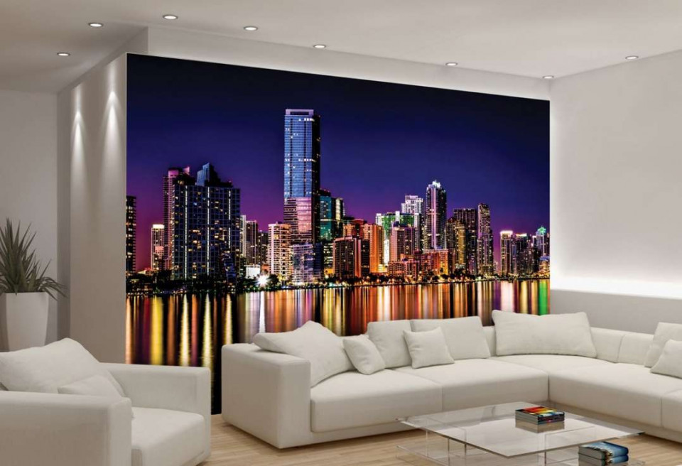 City lights reflections at night wall image - 855