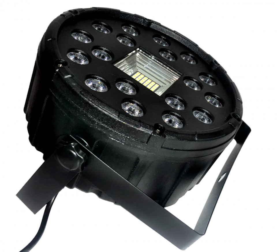 PAR-LED 18 x 3W LED RGB + 24 Becuri SMD Stroboscop albe, DMX, Microfon ...