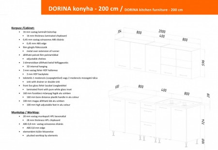 Dorina konyhablokk MDF fronttal, Magasfényű piros fekete, 200cm