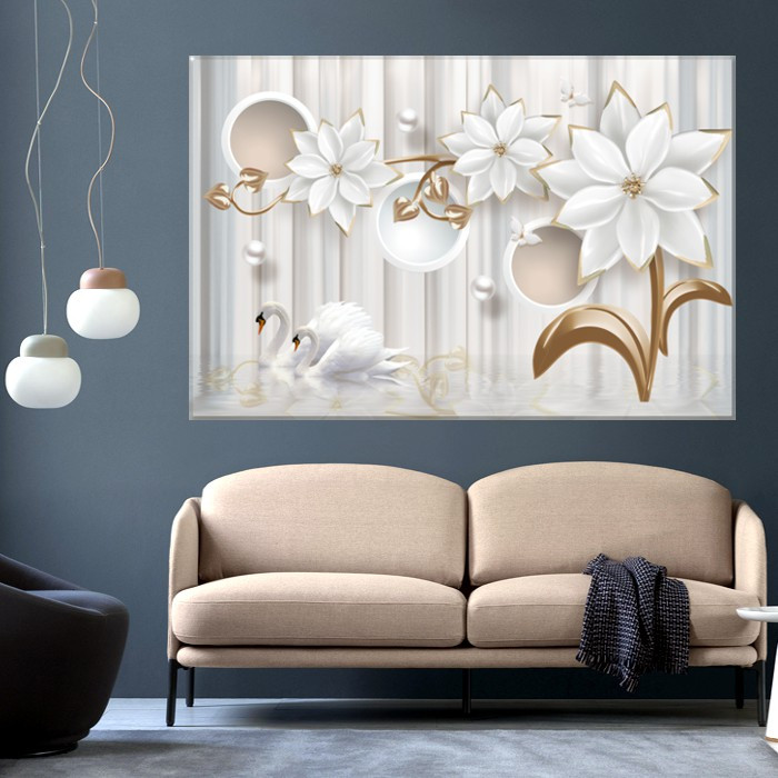 Tablou Modern Flori Albe cu Lebede PIK35