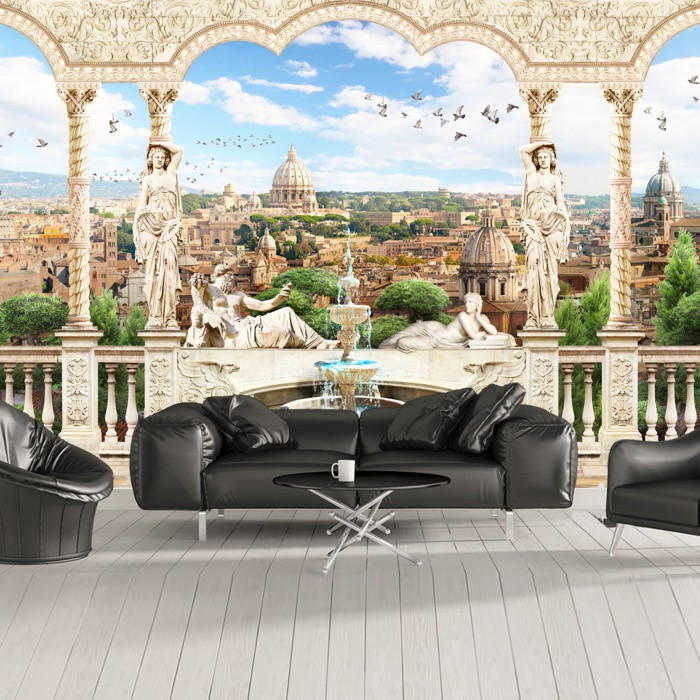 Fototapet 3D Coloane cu Statuete si Vedere Catre Orasul Roma MDP136
