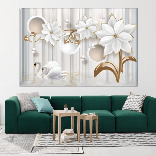 Tablou Modern Flori Albe cu Lebede PIK35