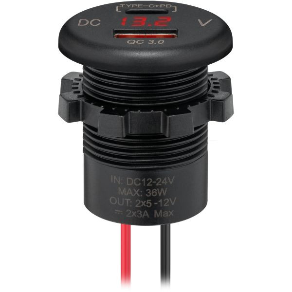Priza USB (A + C) cu voltmetru pentru montaj incastrat, 12V/24V, putere ...