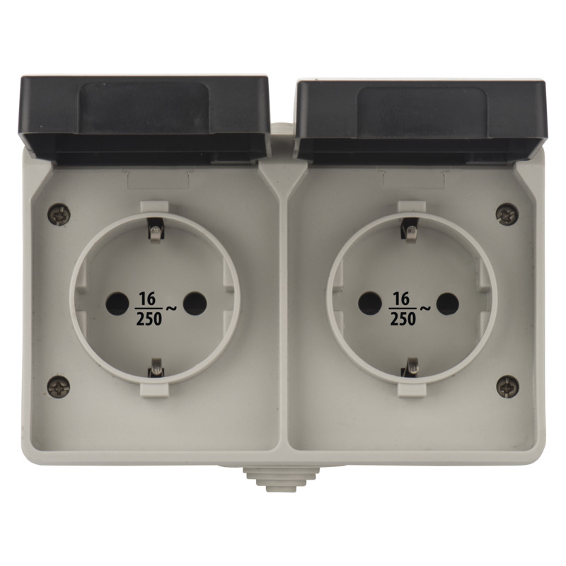 Priza dubla cu impamantare si protectie, cu capac, 16A, montaj aplicat ...