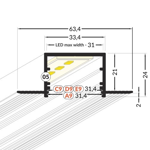 Profil LED încastrat VARIO 30-05, alb, lungime 2m