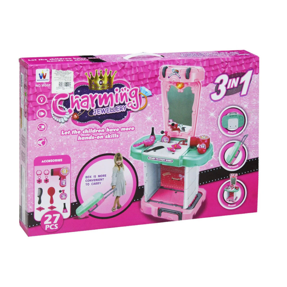 Troler MakeUp, Măsuță de machiaj copii 3 în 1 cu oglindă W067