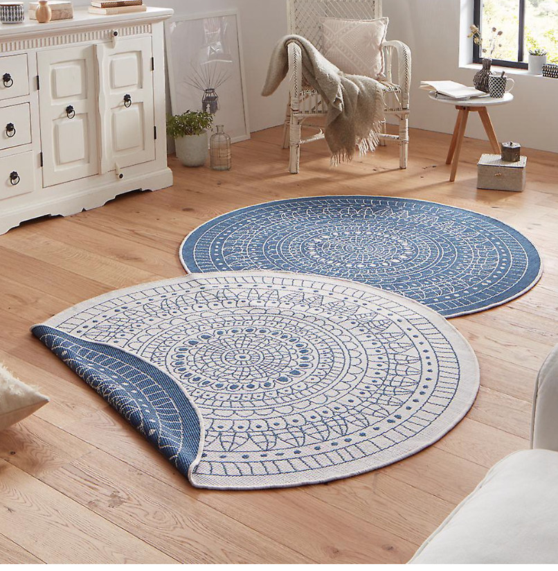 Covor interior/exterior din fibre sintetice alb/albastru rotund Porto ...