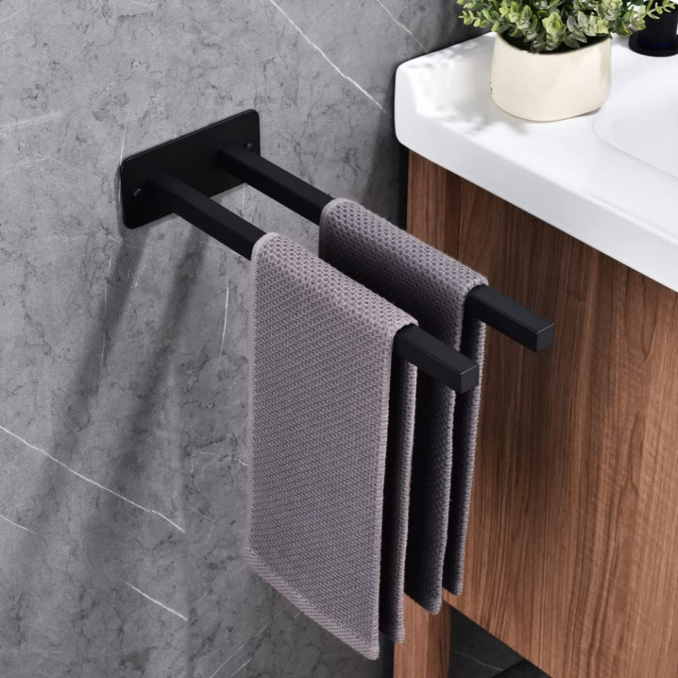 Suport de prosop cu 2 brate HomeHeng, negru, otel inoxidabil, 40 x 15,3 x 7 cm - Chilipirul Zilei