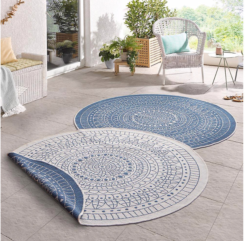 Covor interior/exterior din fibre sintetice alb/albastru rotund Porto ...