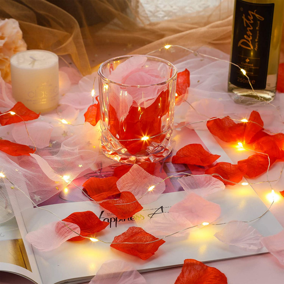 Set de 1000 petale de trandafir cu sir LED Sumind, textil, rosu, 5 x 5 ...