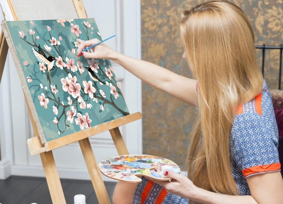 Set de pictura cu numere Pttozan, copac inflorit, vopsea acrilica ...