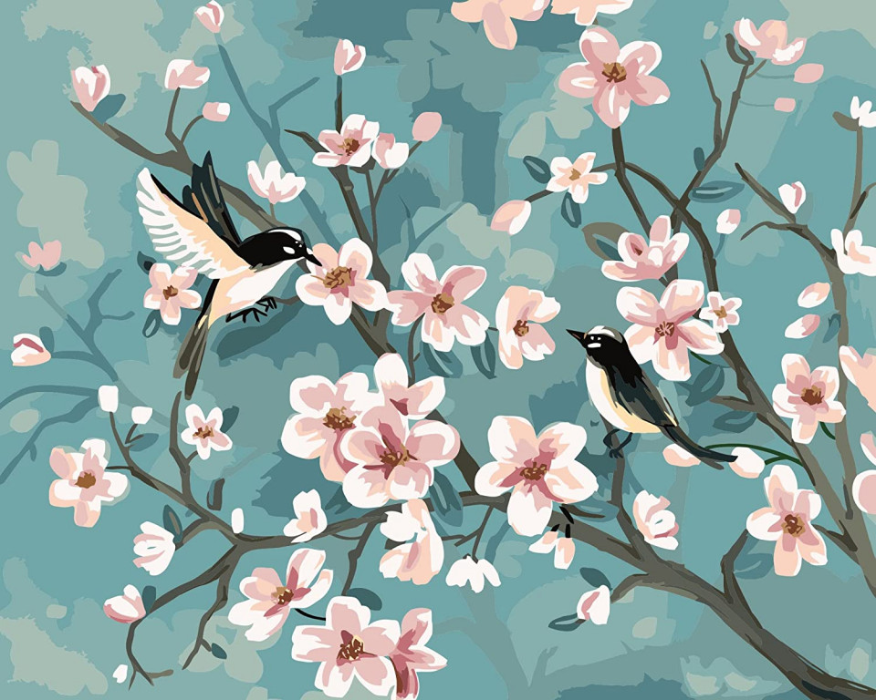 Set de pictura cu numere Pttozan, copac inflorit, vopsea acrilica ...