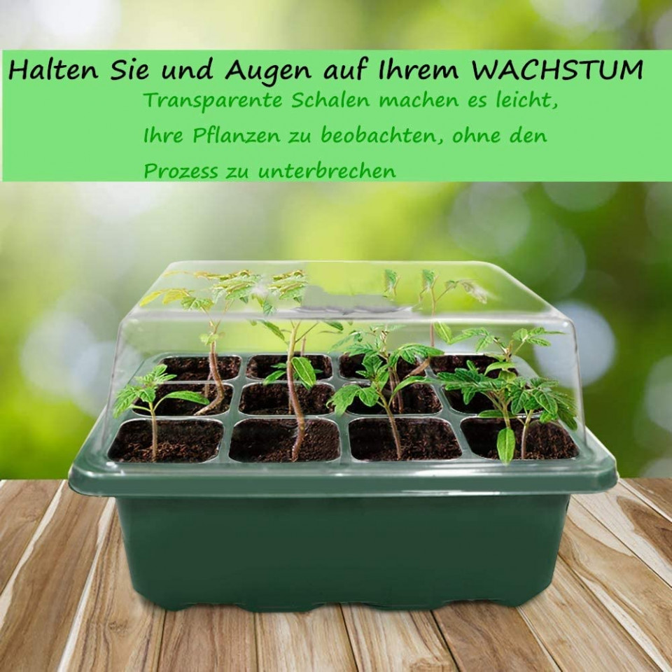 Tava cu capac si 12 locuri pentru rasaduri Voarge, plastic, negru/transparent, 19 x 14.5 x 11 cm ...