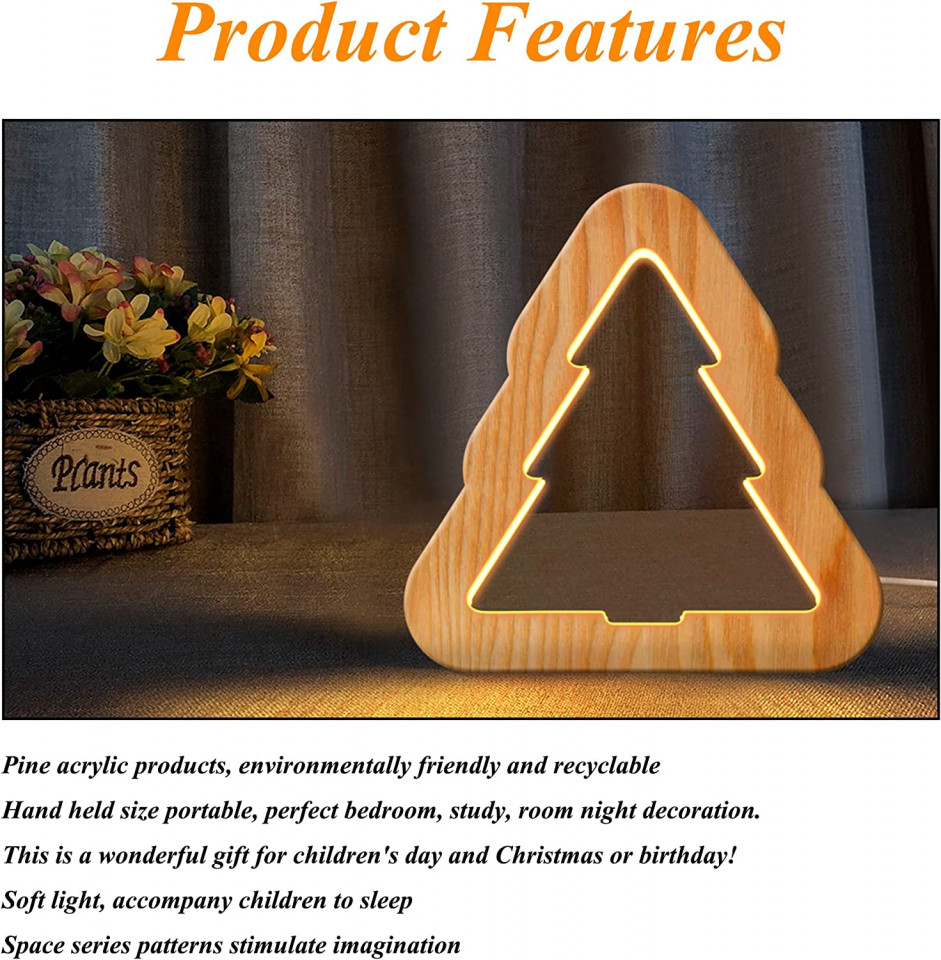 Veioza OSVINO, LED, model bradulet, lemn masiv, natur, 19 x 18,6 x 3 cm ...