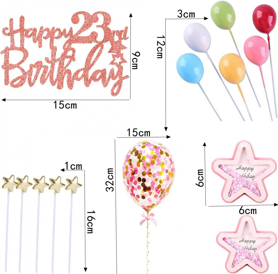 Set de 15 decoratiuni pentru decorare tort la 23ani Ouceanwin, multicolor, plastic/hartie ...