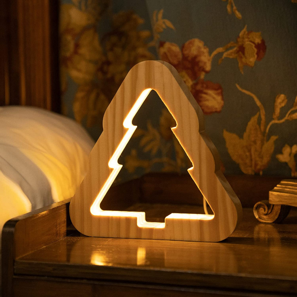 Veioza OSVINO, LED, model bradulet, lemn masiv, natur, 19 x 18,6 x 3 cm ...