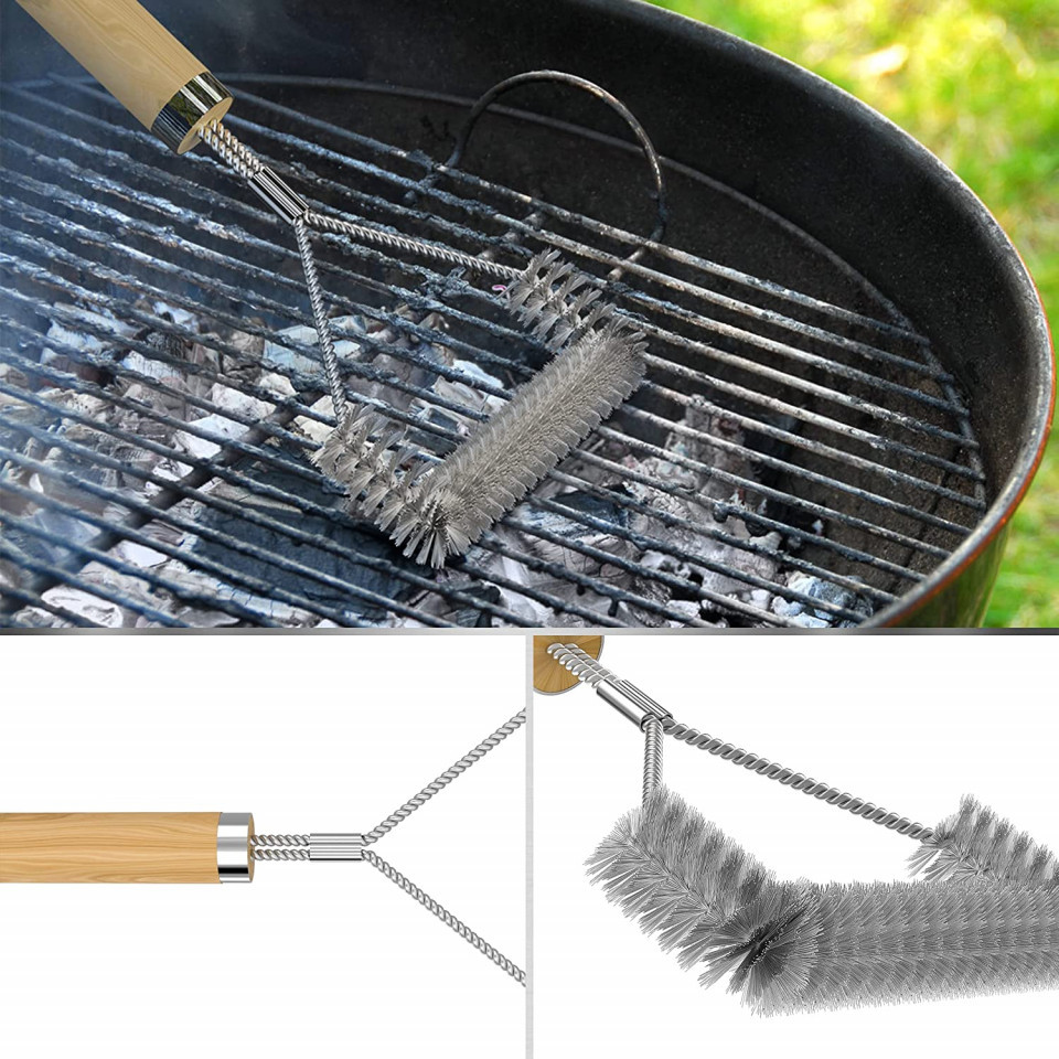 Perie de curatare pentru gratar TNTOR, otel inoxidabil/lemn, argintiu/bej, 31,5 cm - Chilipirul ...