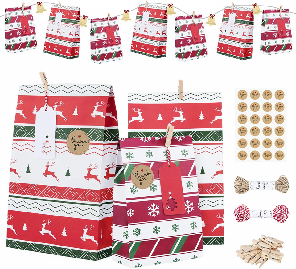Set de 24 pungi cu autocolante pentru calendar de advent Agoer, alb ...
