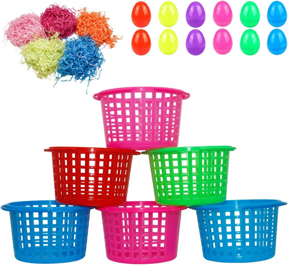 Set de 6 cosuri cu 5 pungi de iarba colorata si 12 oua pentru Paste ...