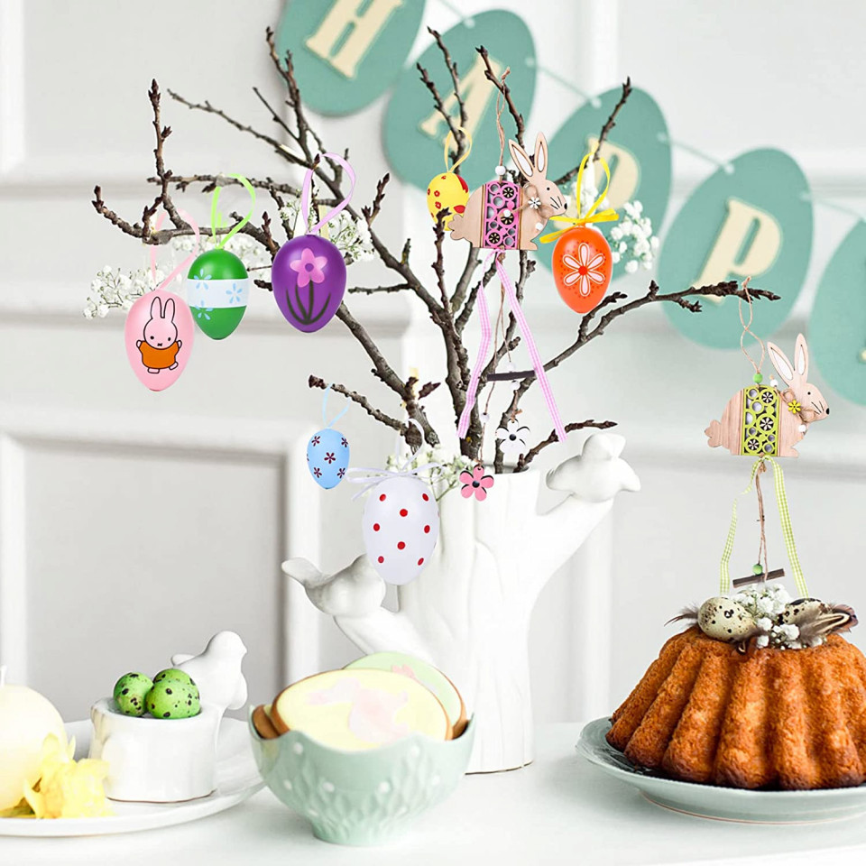 Set de 12 oua colorate de Paste si 2 pandative iepuras Ulikey, lemn ...