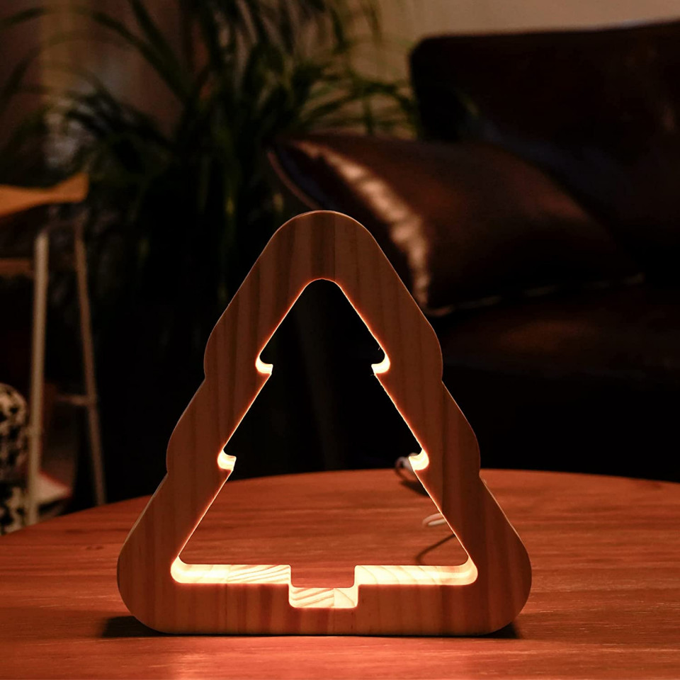 Veioza OSVINO, LED, model bradulet, lemn masiv, natur, 19 x 18,6 x 3 cm ...