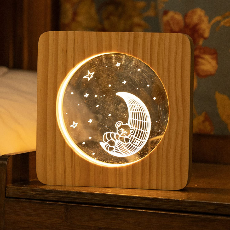 Veioza OSVINO, LED, model ursulet si luna, lemn masiv, natur, 19 x 19 x ...