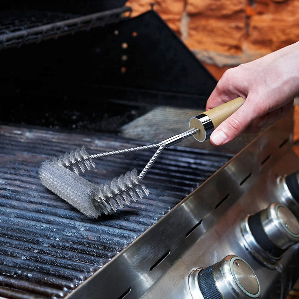 Perie de curatare pentru gratar TNTOR, otel inoxidabil/lemn, argintiu/bej, 31,5 cm - Chilipirul ...