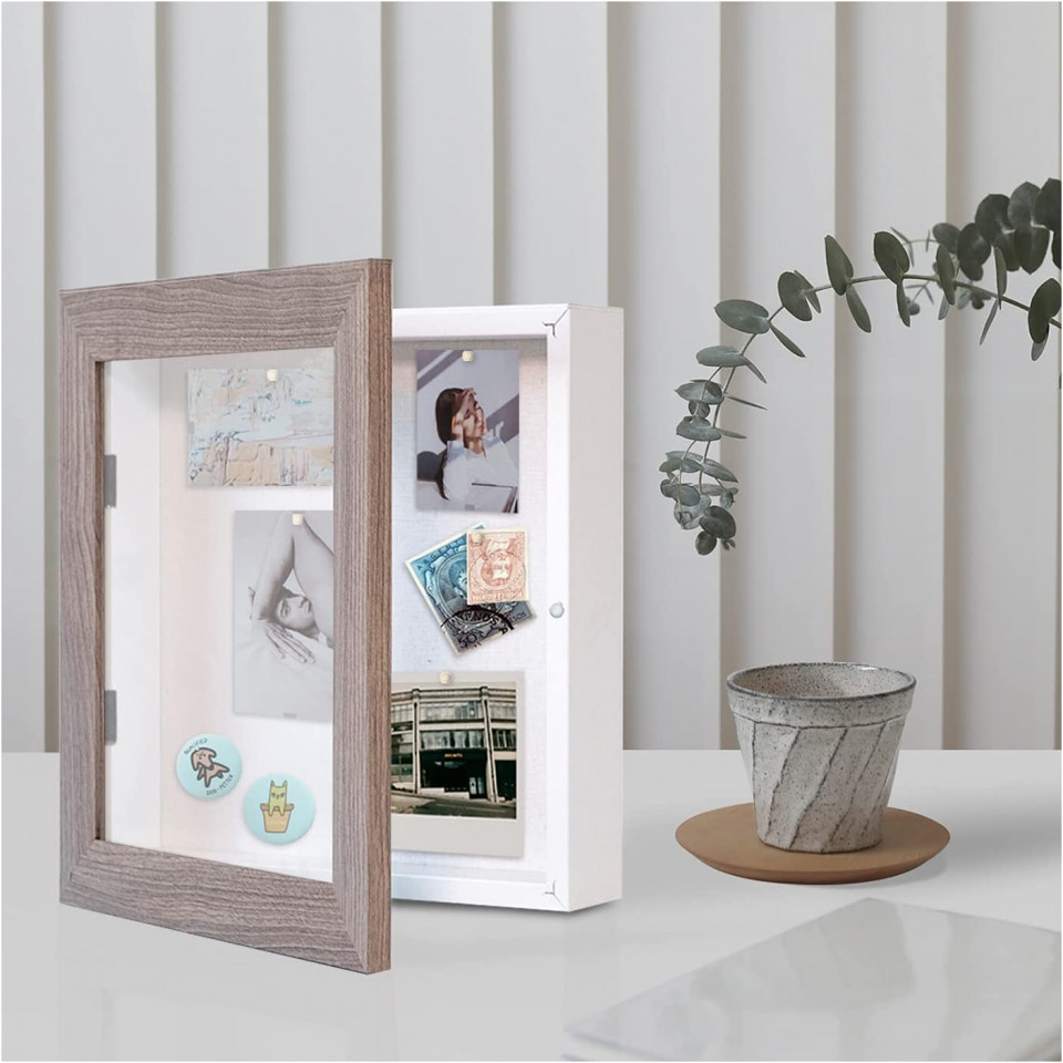 Rama foto cu usa Muzilife, sticla/MDF, alb/maro, 30,4 x 30,4 x 4,8 cm ...