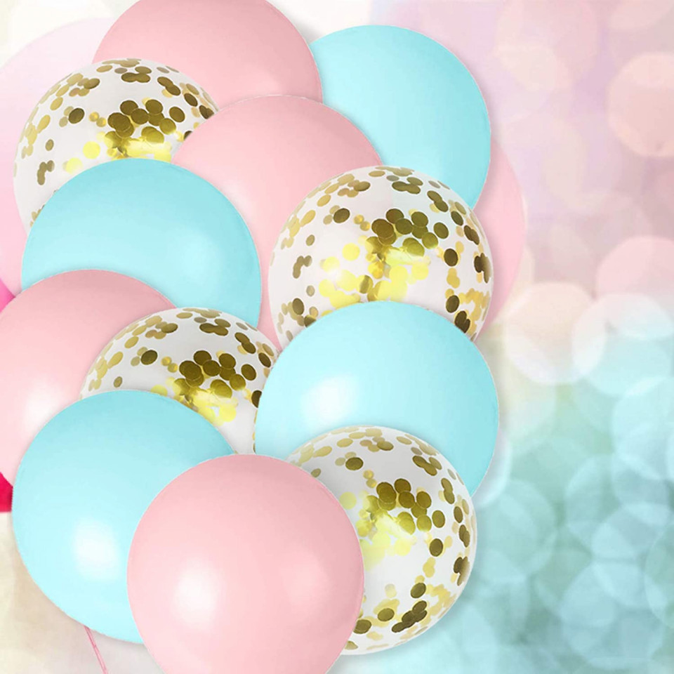 Set de 32 decoratiuni pentru aniversare, Amycute , latex, folie, roz/albastru/auriu - Chilipirul ...